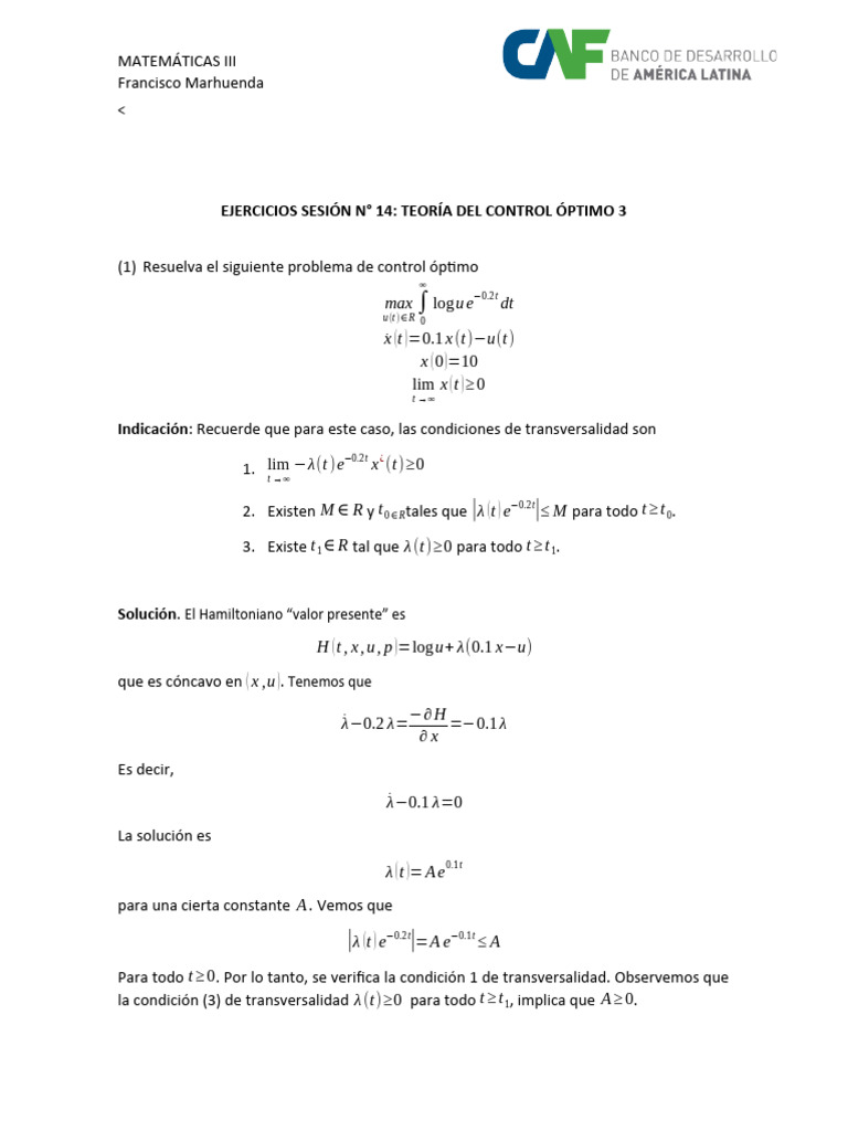 Ejercicios de Control Óptimo | PDF | Matemáticas | Matemáticas Aplicadas