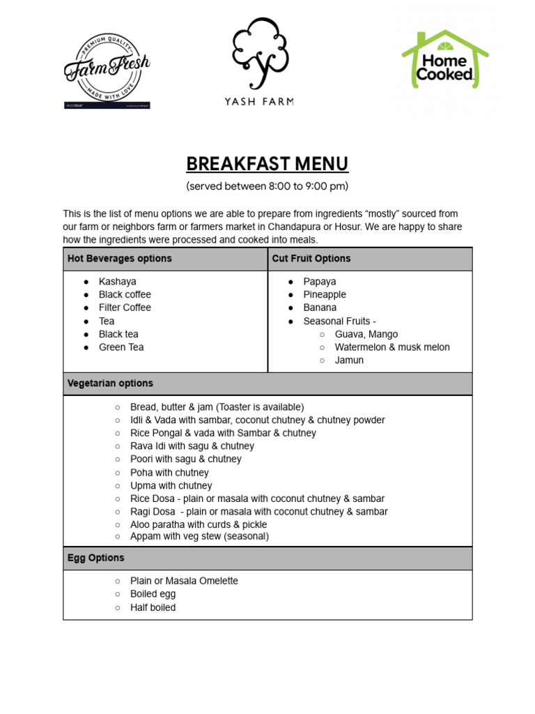 Yash Farm Stay Menu Overview | PDF