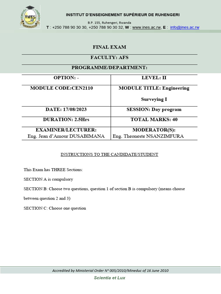 EXAM Eng. Surveying I | PDF | Science