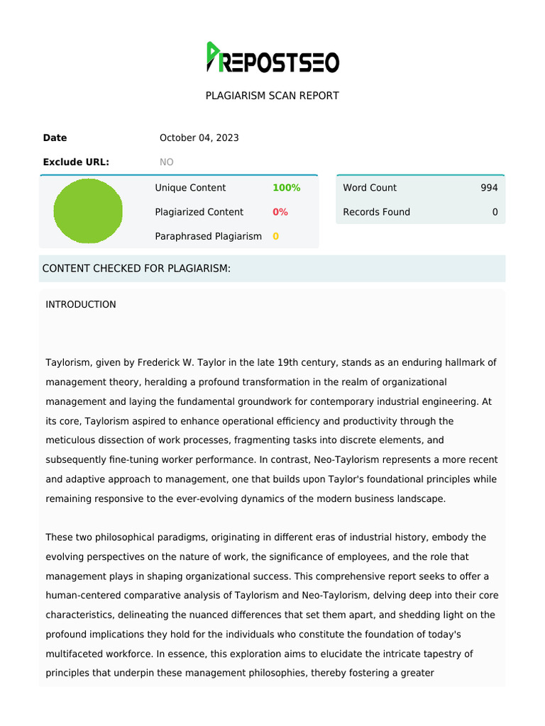 Taylorism vs Neo-Taylorism Analysis | PDF | Career & Growth