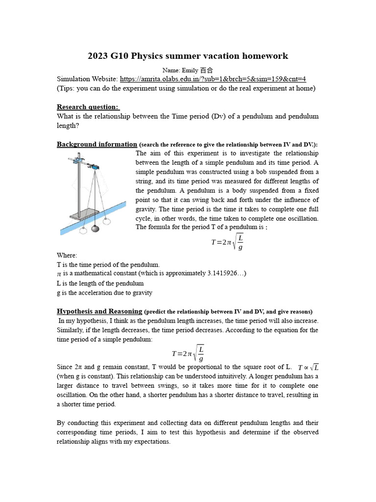 2023 G10 Physics Summer Vacation Homework | PDF