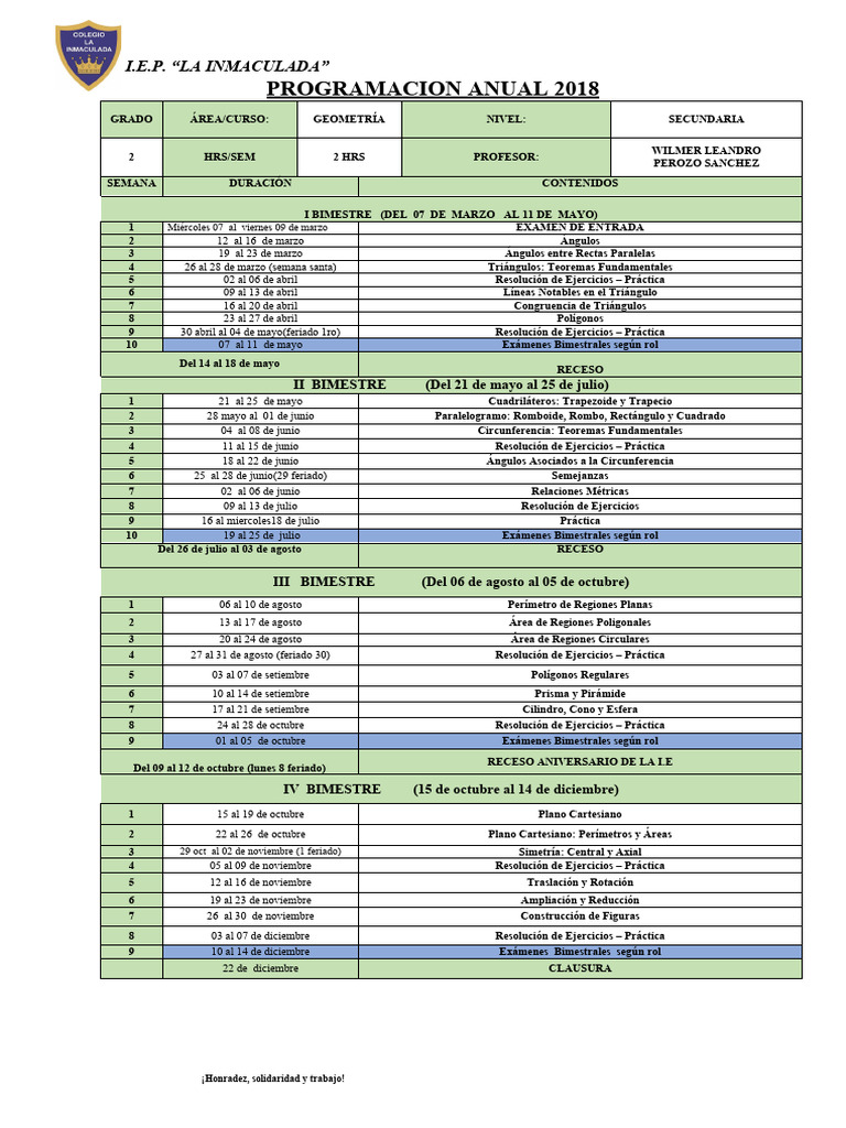 Programacion Anual 2018 Geometría (2do de Secundaria) | PDF