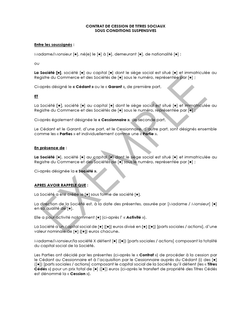 Protocole de Cession Sous Conditions Suspensives Exemple | PDF