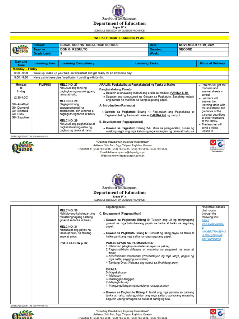 WHLP Fil 9 Q2 Week 1 | PDF