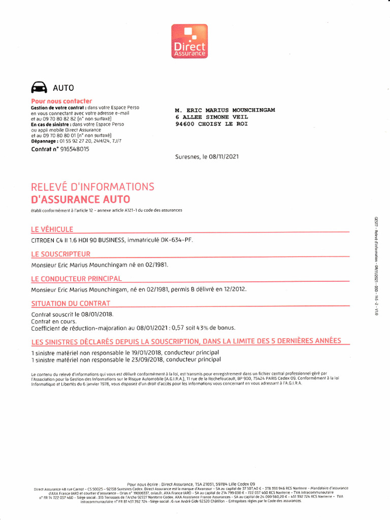 D'Informations D'Assurance Auto: Relevé | PDF
