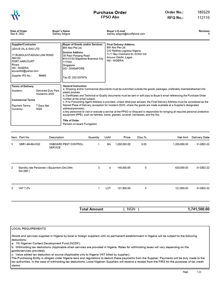 Purchase Order: Order No.: RFQ No.: Fpso Abo | PDF | Value Added Tax ...