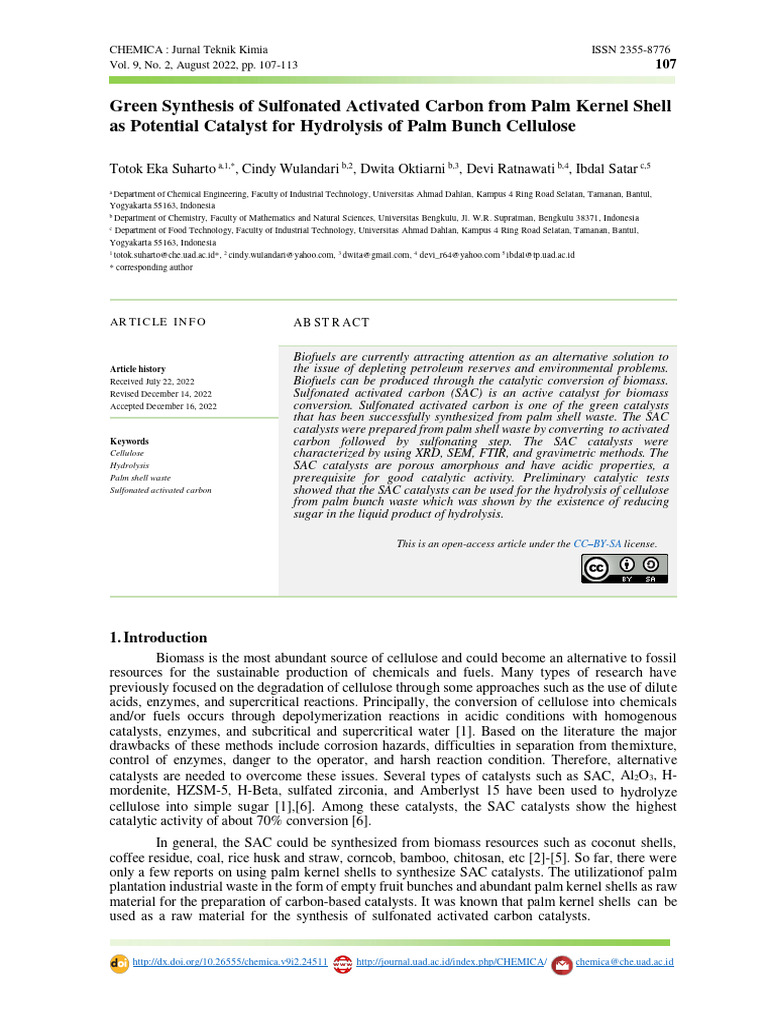 Green Synthesis of Sulfonated Activated Carbon From Palm Kernel Shell ...