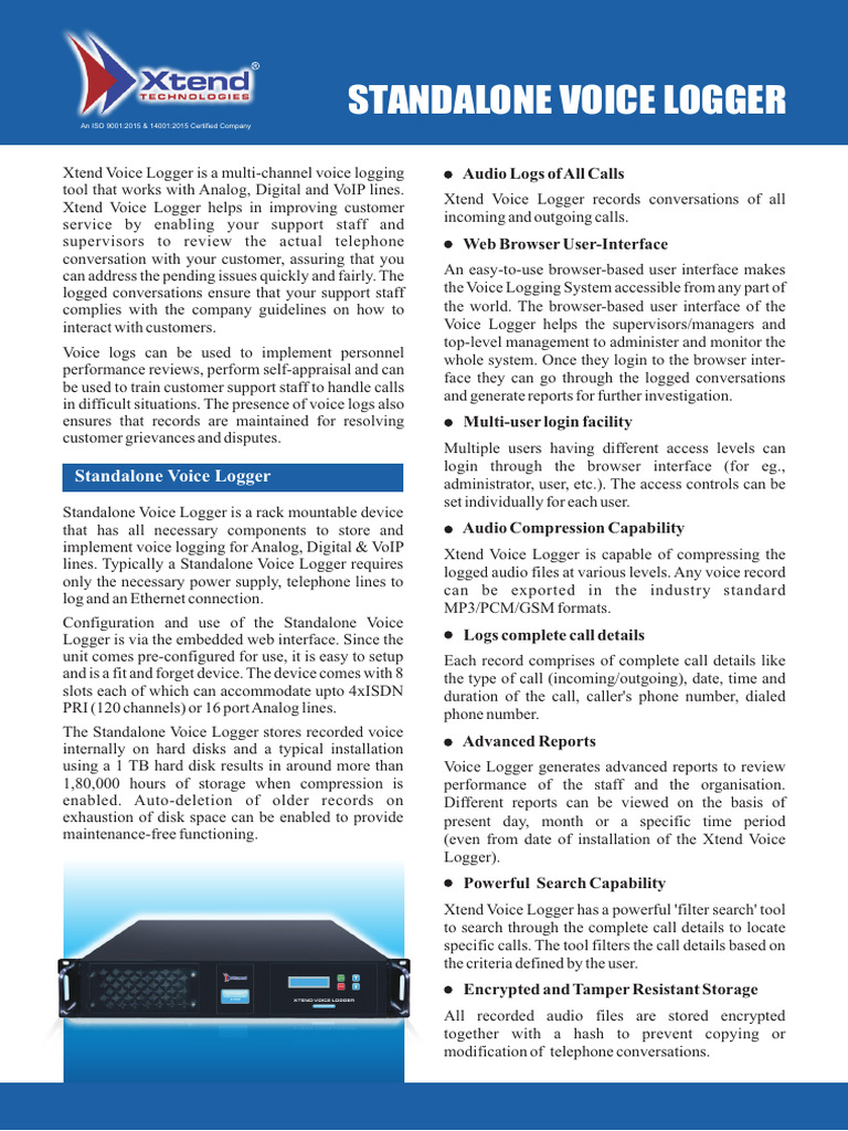 Xtend Standalone Voice Logger 2U | PDF