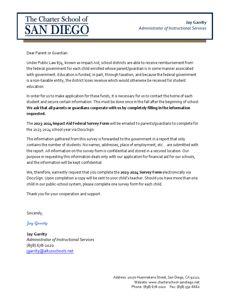 CSSD 2023-2024 Federal Impact Aid Program Parent Letter 1 | PDF