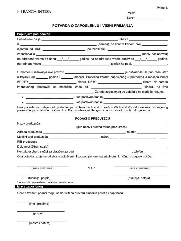 Potvrda o Zaposlenju I Visini Prihoda | PDF