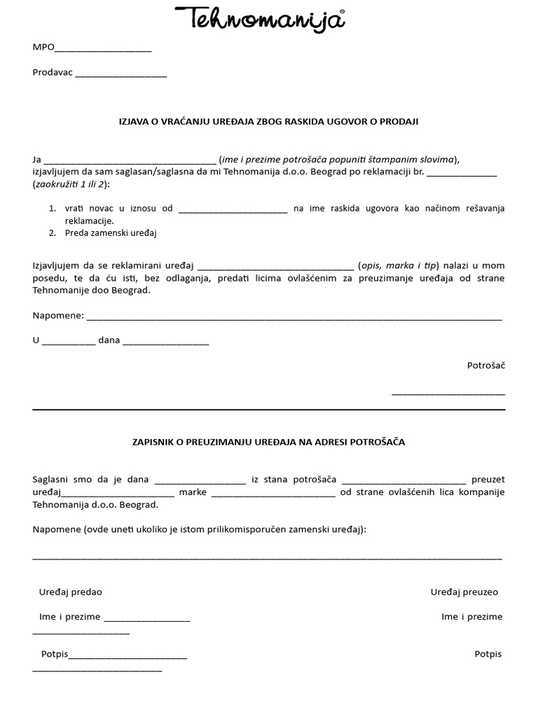 Izjava Da Će Kupac Vratiti Uređaj | PDF