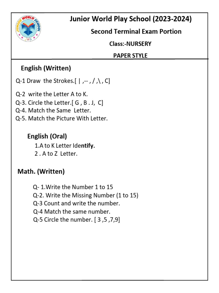 Nursery Exam Portion-2023-24 | PDF