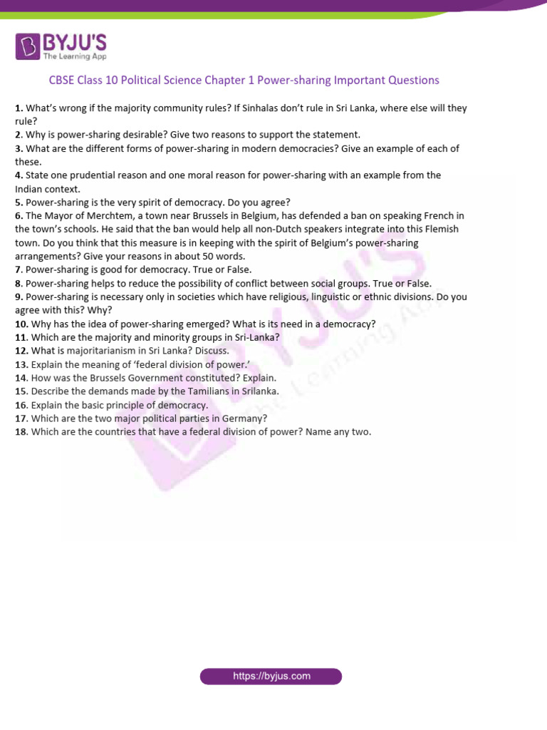 Class 10 Power-Sharing Key Questions | PDF