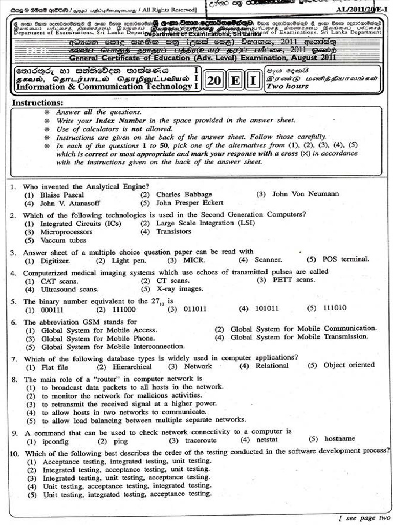 2011 AL ICT MCQ English at Apepanthiya - LK | PDF | Computer ...