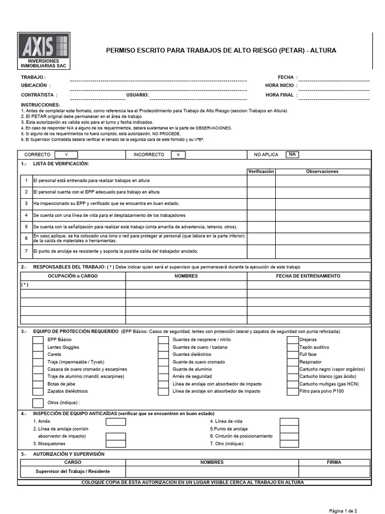 Permiso Escrito para Trabajo de Alto Riesgo PETAR Altura | PDF