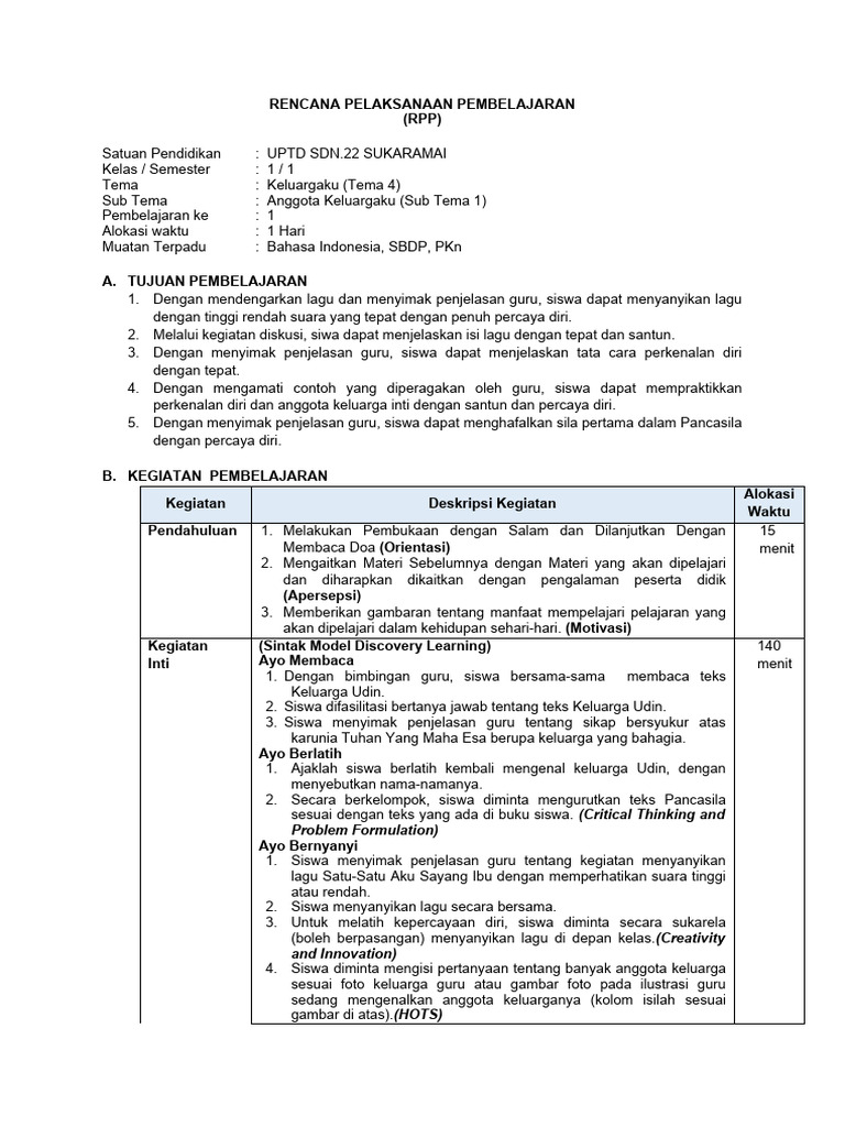 RPP KLS 1 Tema 4 | PDF