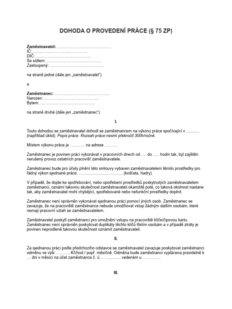 DOHODA O PROVEDENÍ PRÁCE Vzor 2022 | PDF