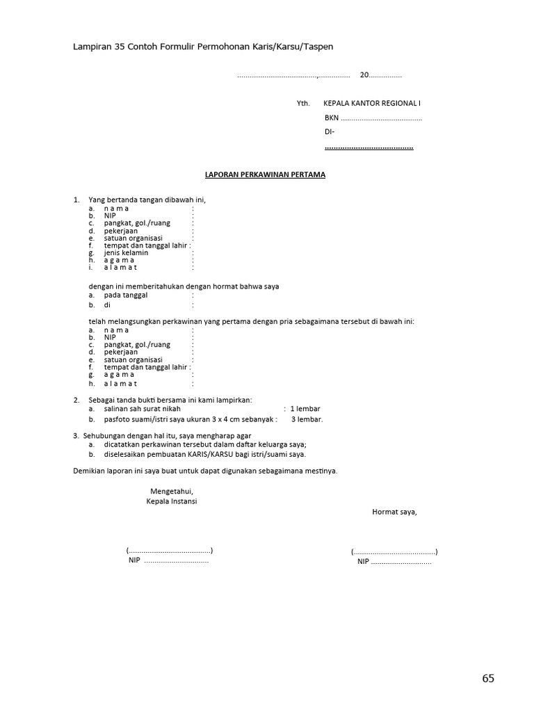 Lampiran 35. Contoh Formulir Permohonan Karis Karsu Taspen | PDF