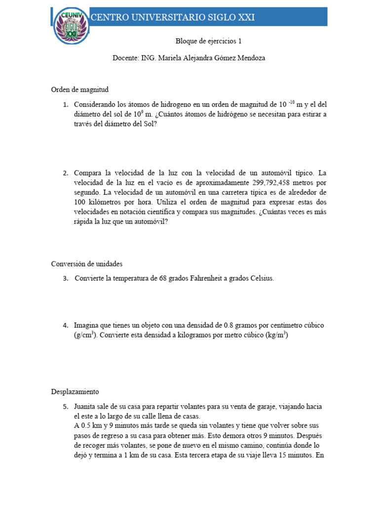 Compendio de Ejercicios 1 | PDF | Velocidad | Aceleración