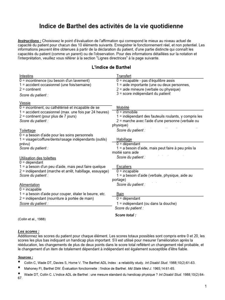 Indice de Barthel (0-20) | PDF | Bien-être