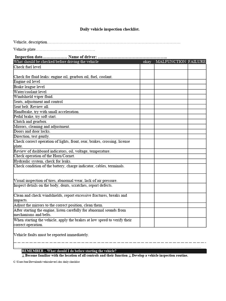 Daily Vehicle Checklist Ver1 | PDF | Vehicles | Mechanical Engineering