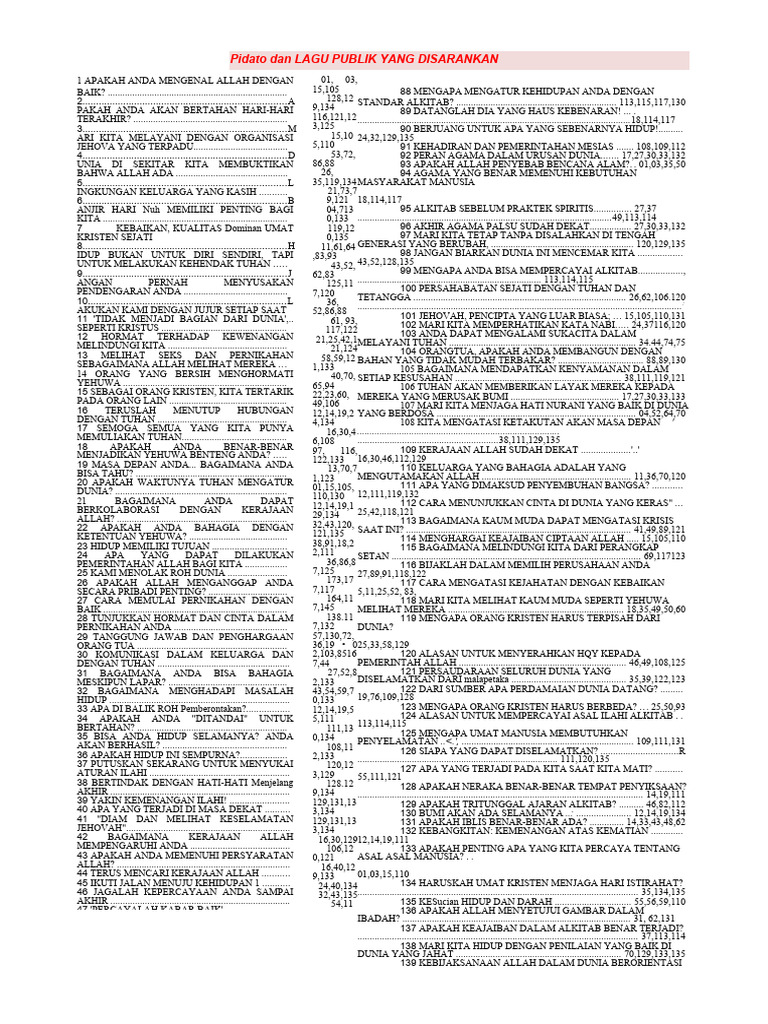 Pidato 1-182 Dengan Lagu Yang Disarankan | PDF