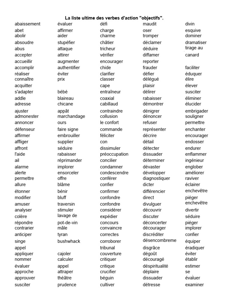 Liste des verbes d'action objectifs | PDF