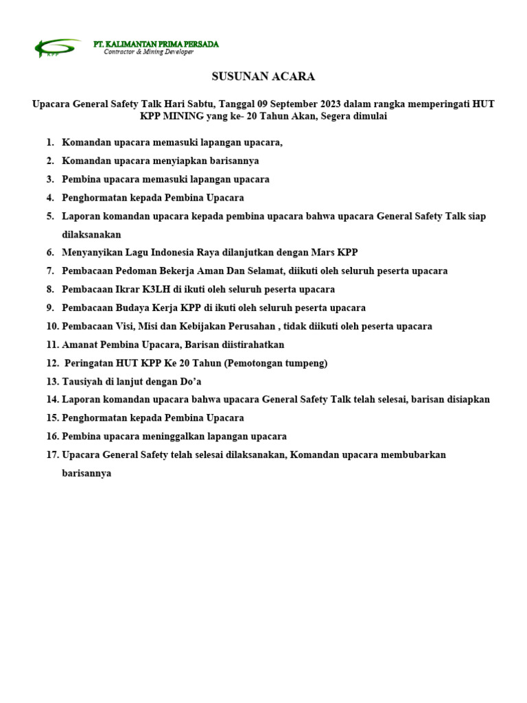 SUSUNAN UPACARA SAFETY TALK GENERAL | PDF