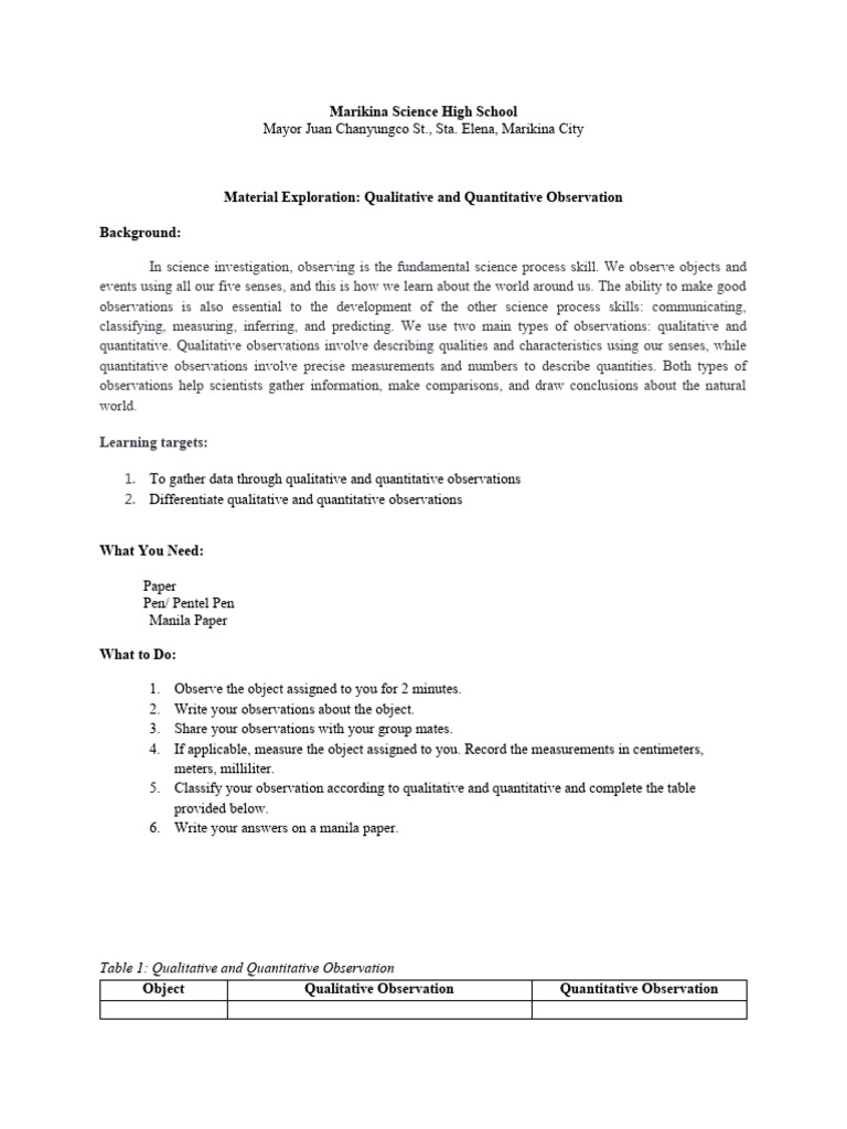 Marikina Science High School: Learning Targets | PDF
