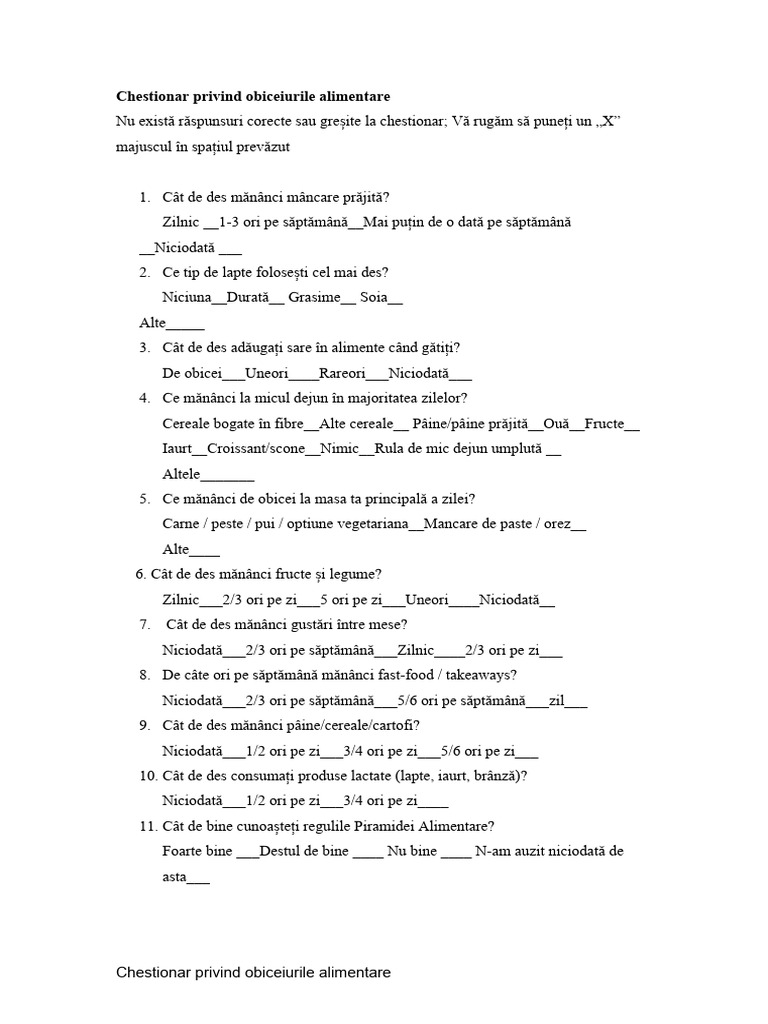 Chestionar Privind Obiceiurile Alimentare | PDF