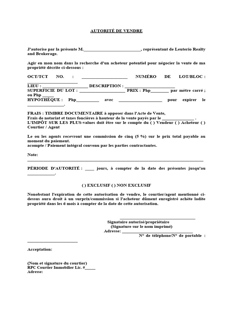 Autorisation de Vente de Propriété | PDF | Courtier | Services financiers