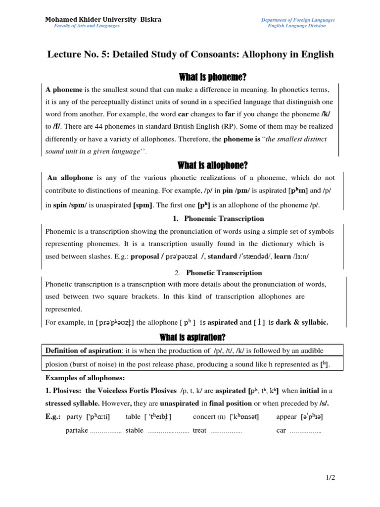 Lecture-5_Allophony-in-English_1st-Year-LMD | PDF | Phoneme | Consonant
