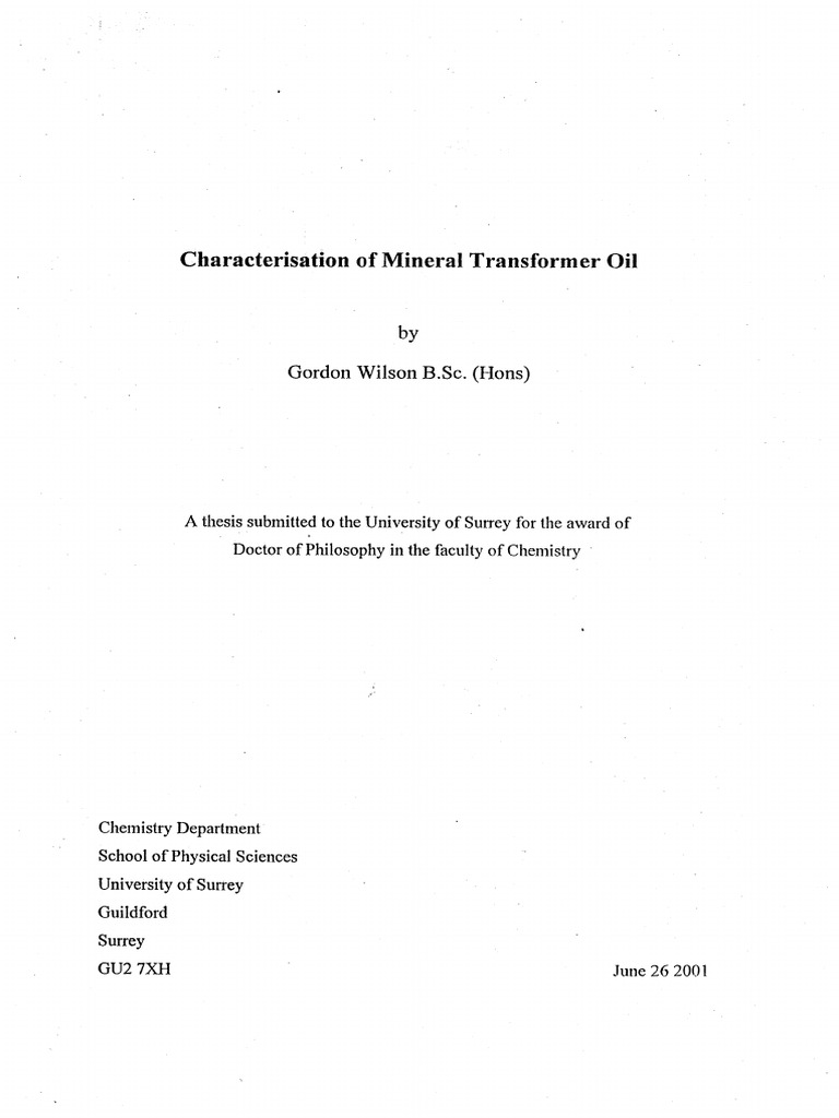 Characterisation of Mineral Transformer Oil: by Gordon Wilson B.Sc. (Hons) | PDF | Petroleum ...