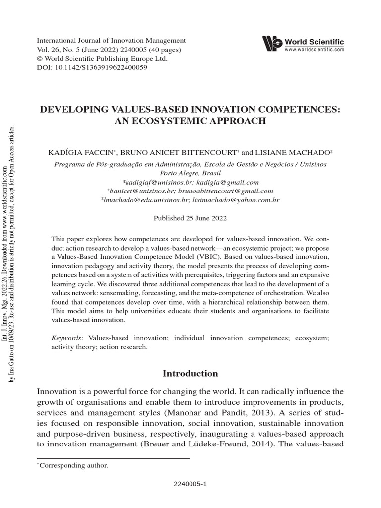 Faccin Et Al 2022 Developing Values Based Innovation Competences An Ecosystemic Approach | PDF ...