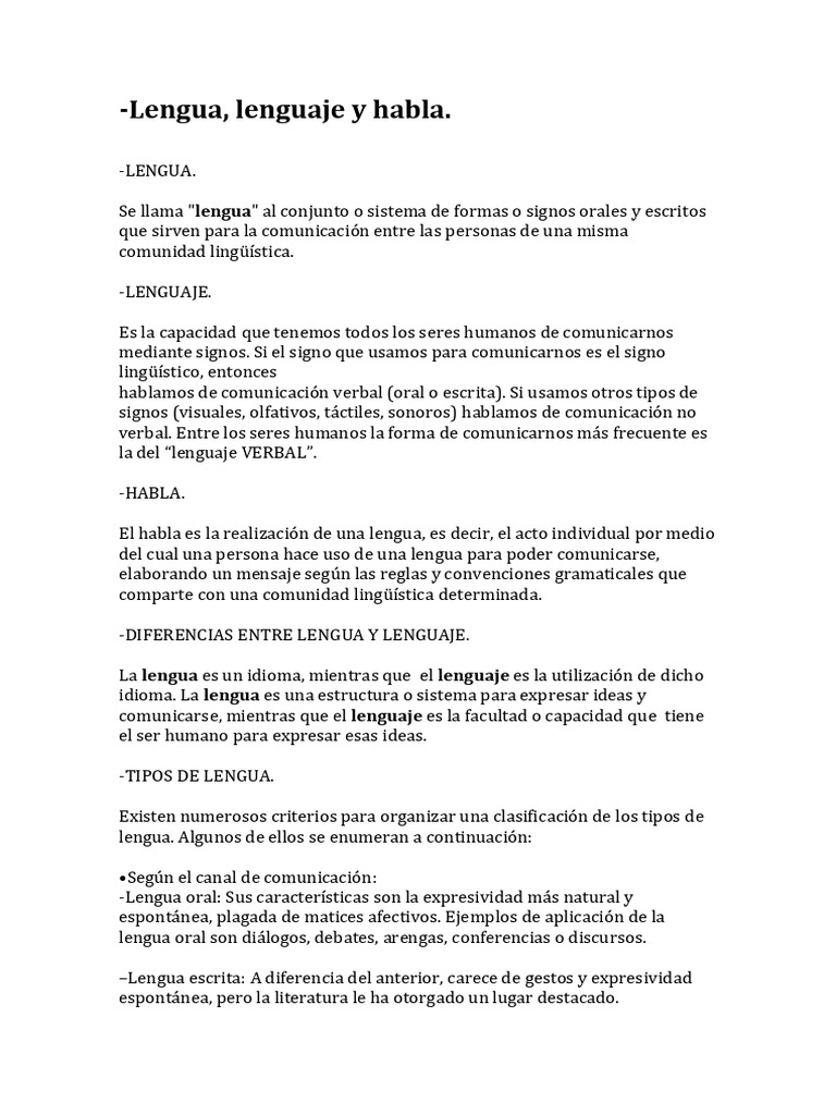 Lengua, Lenguaje y Habla. | PDF