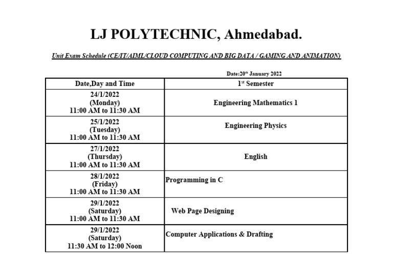 Unit-4 Exam Time Table | PDF