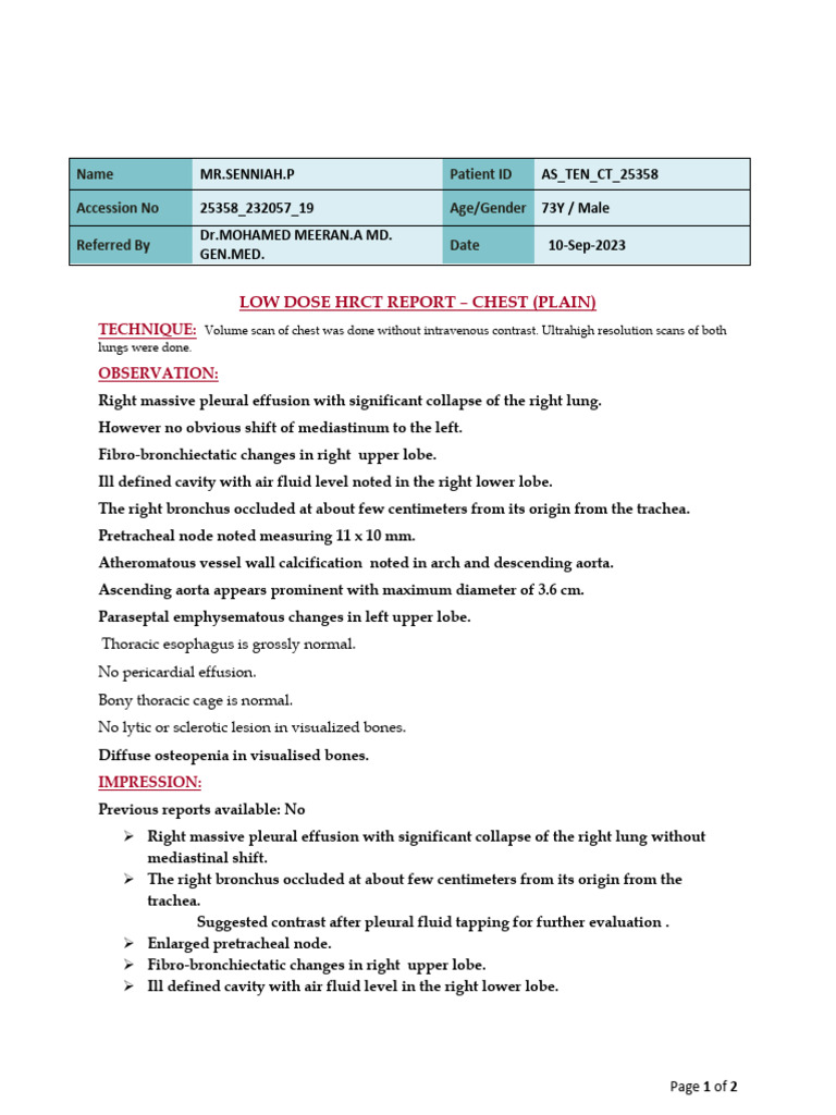 Low Dose HRCT Report - Chest (Plain) : Name Patient ID Accession No Age ...