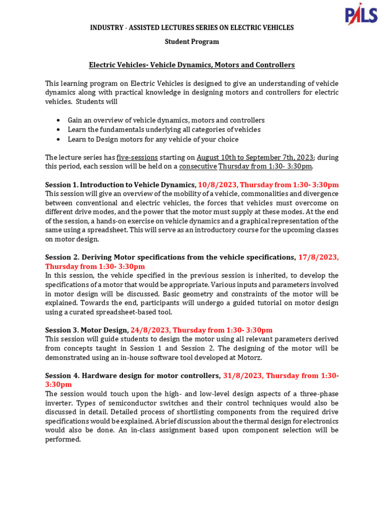 Industry-Assisted Lecture Series - Electric Vehicles | PDF