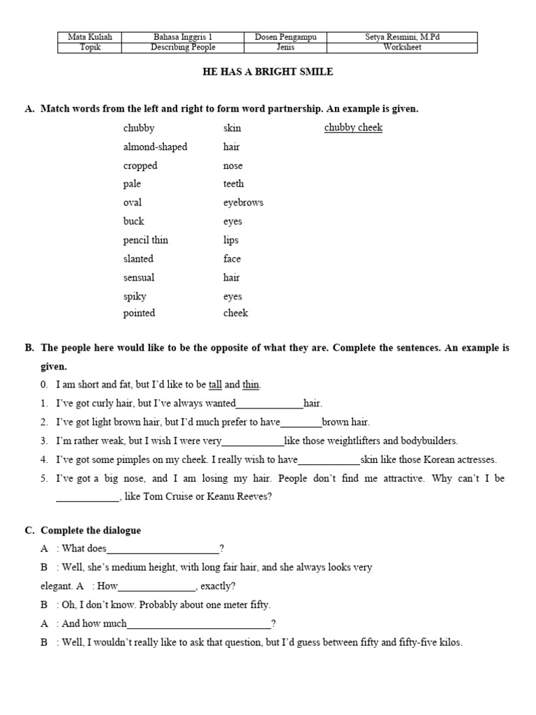 Describing People Worksheet PDF | PDF