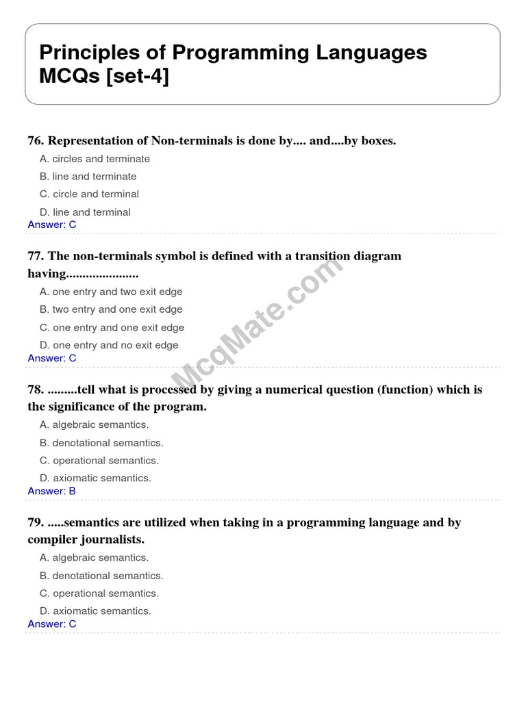 Principles of Programming Languages Solved MCQs (Set-4) | PDF