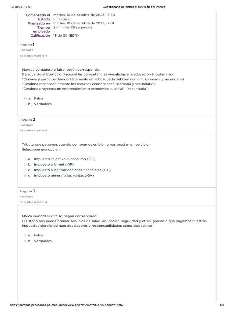 Cuestionario de Entrada - Revisión Del Intento | PDF