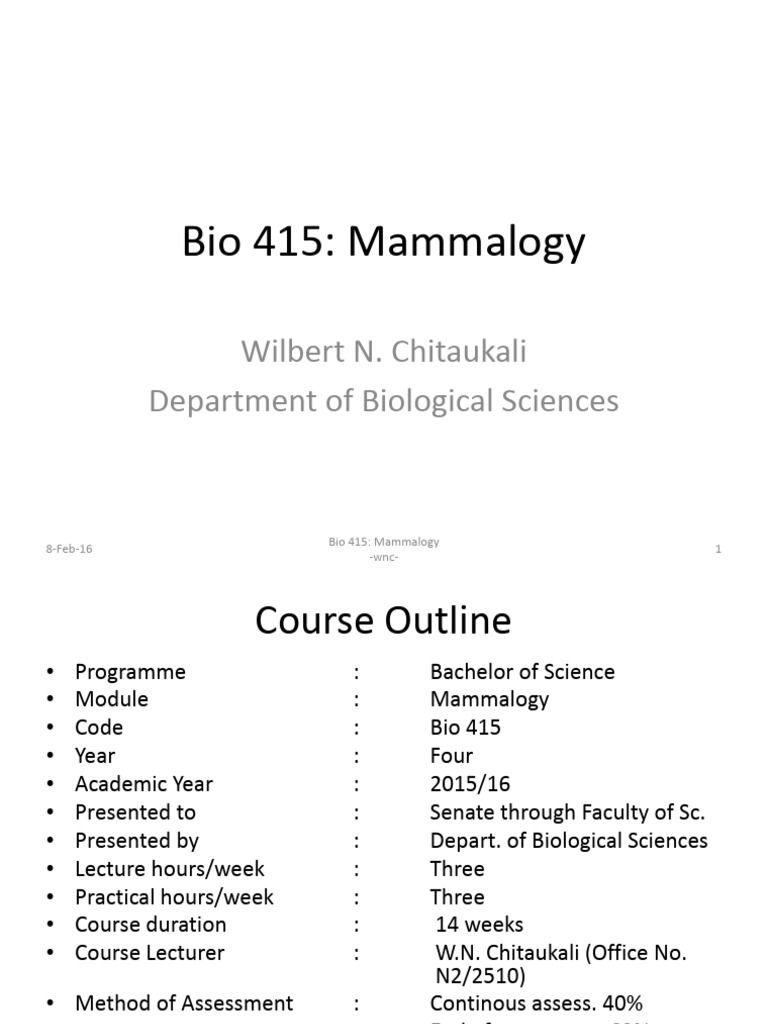 Bio 415: Mammalogy Course Overview | PDF