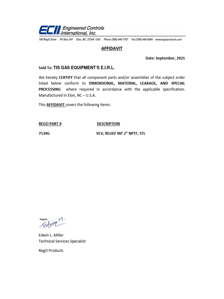 Certificado de Calidad - Valvula de Seguridad | PDF | Technology & Engineering