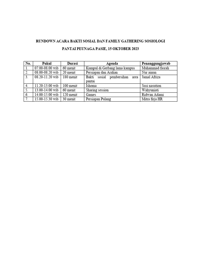 Rundown Acara Bakti Sosial Dan Family Gathering Sosiologi | PDF