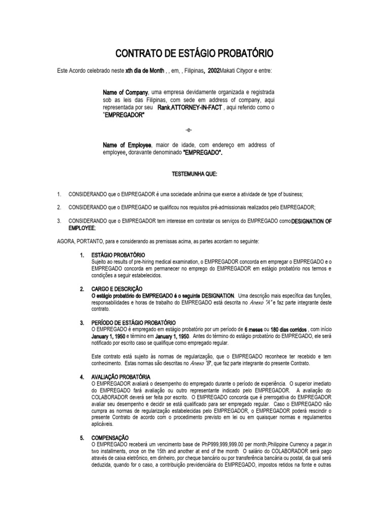 Contrato de Trabalho Probatório | PDF | Trabalho | Direito Civil ...
