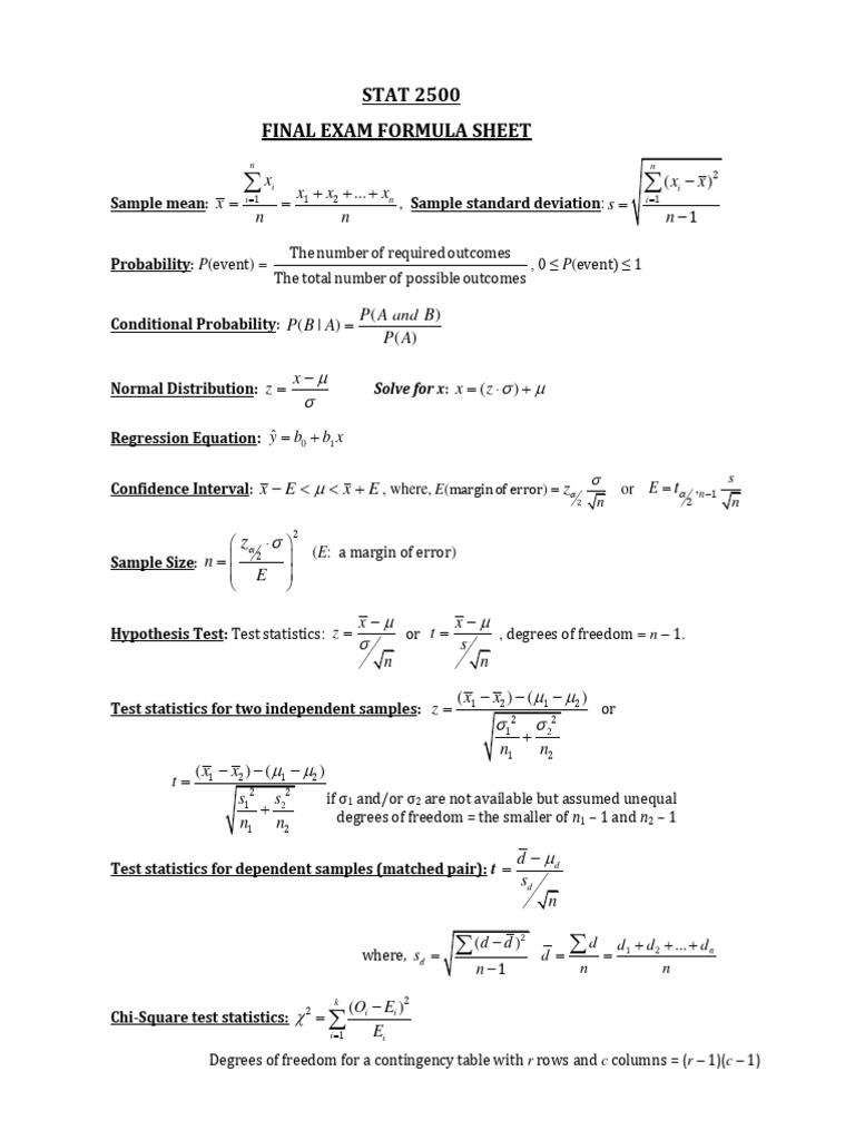 Stat 2500 Fomula Sheet For Final Exam | PDF | Statistics | Errors And Residuals