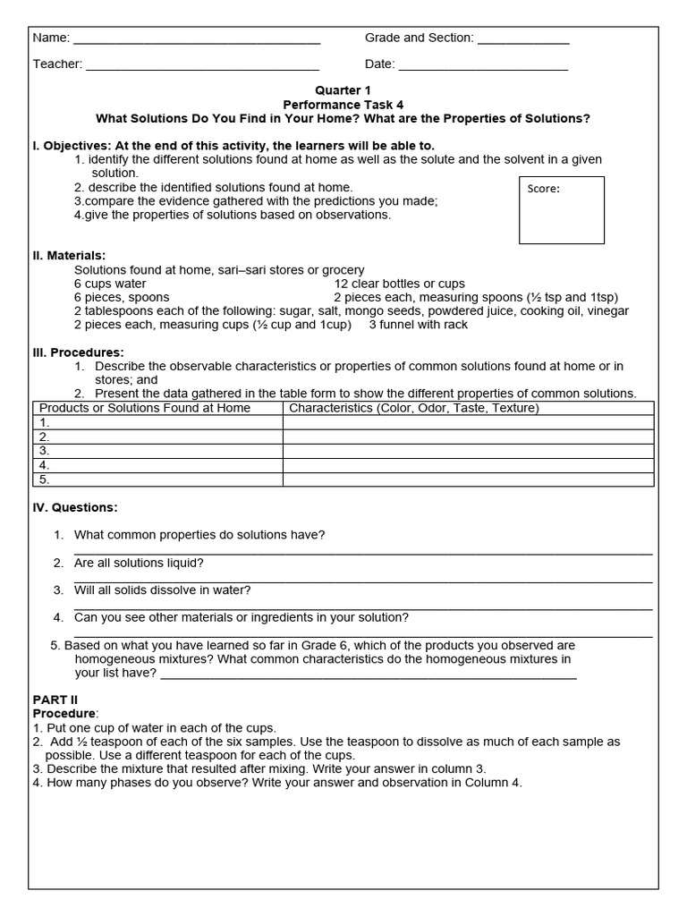 Performance Task #3 Properties of Mixtures | PDF | Wellness