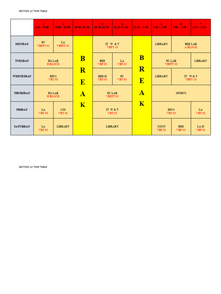 Section 12 Weekly Class Schedule | PDF