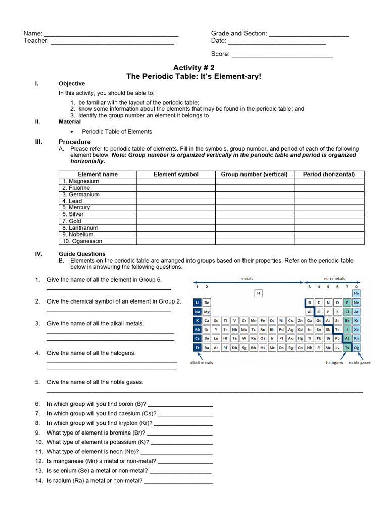Performance Task #2 The Periodic Table It's Element-Ary | PDF ...