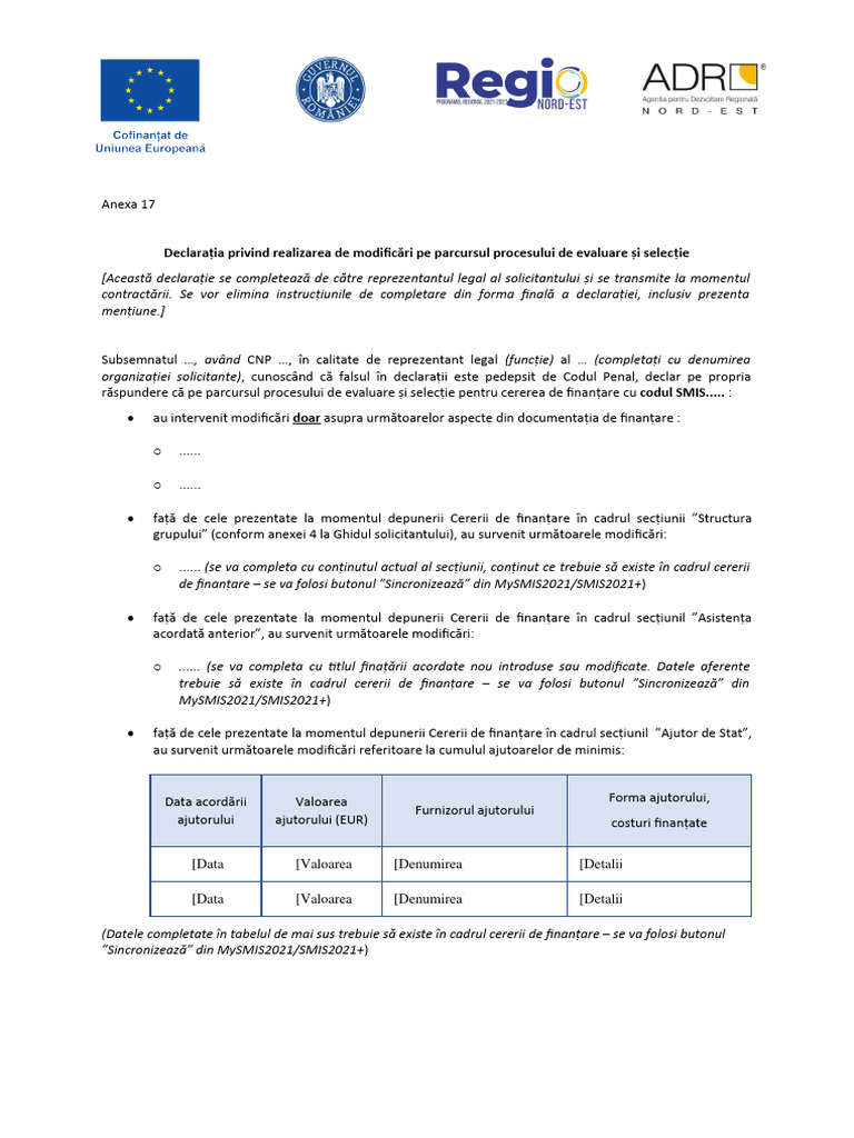 Anexa 17 - Declaratia Privind Realizarea de Modificari Pe Parcursul Procesului de Evaluare | PDF